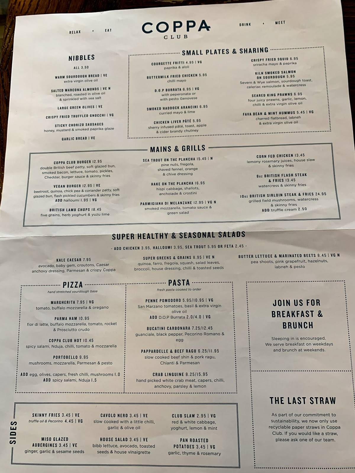 Menu at Coppa Club Tower Bridge, London, 3 Three Quays Walk