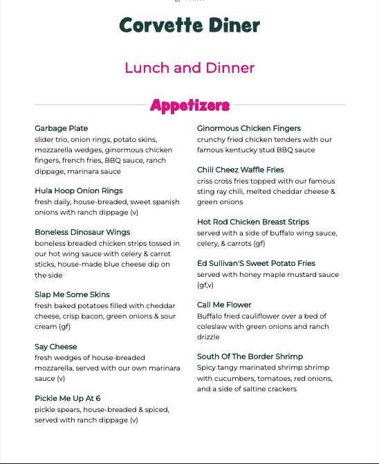 Menu at Corvette Diner restaurant, San Diego, Historic Decatur Rd
