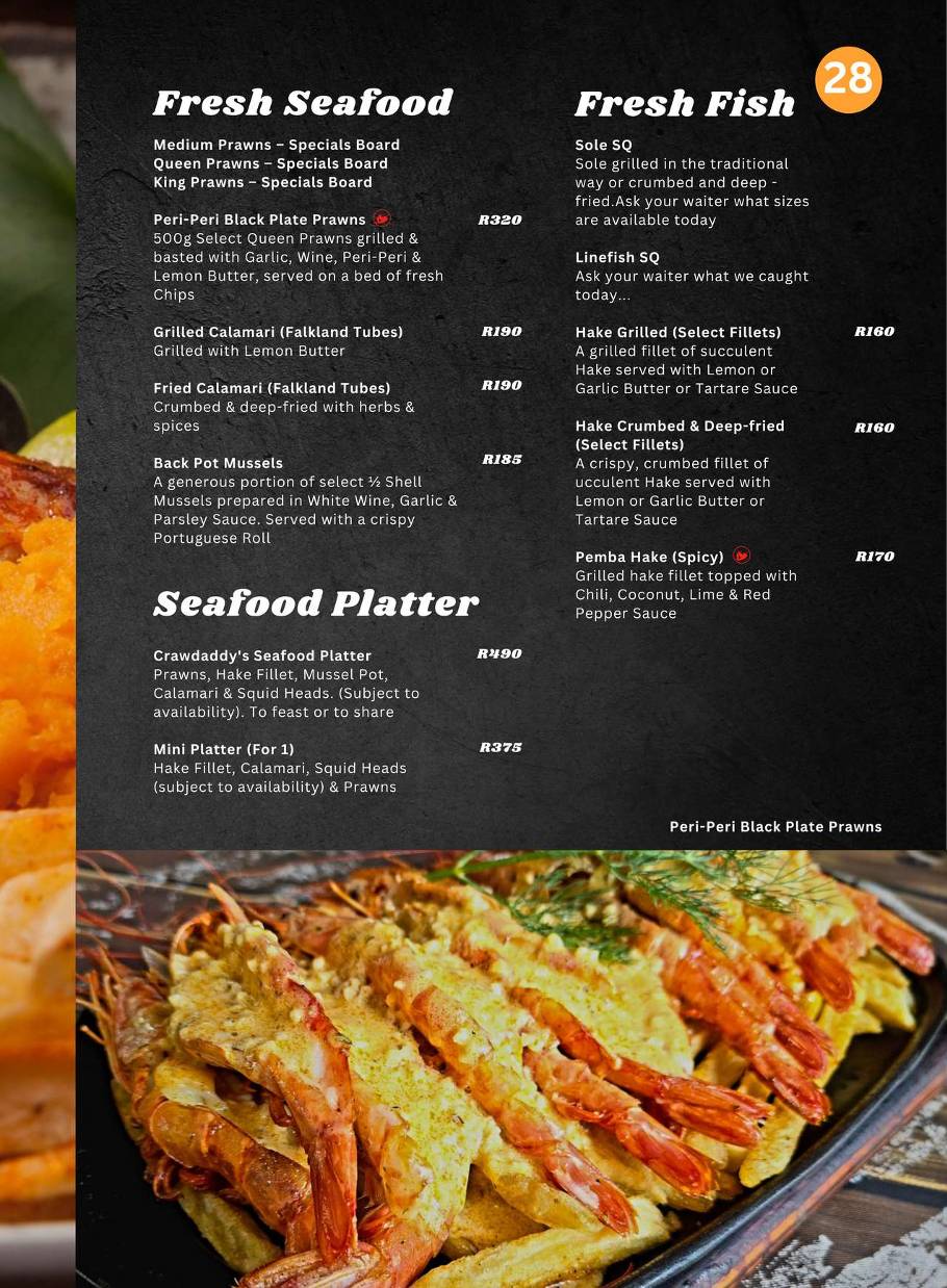 Menu at Crawdaddy's Restaurant, Tzaneen