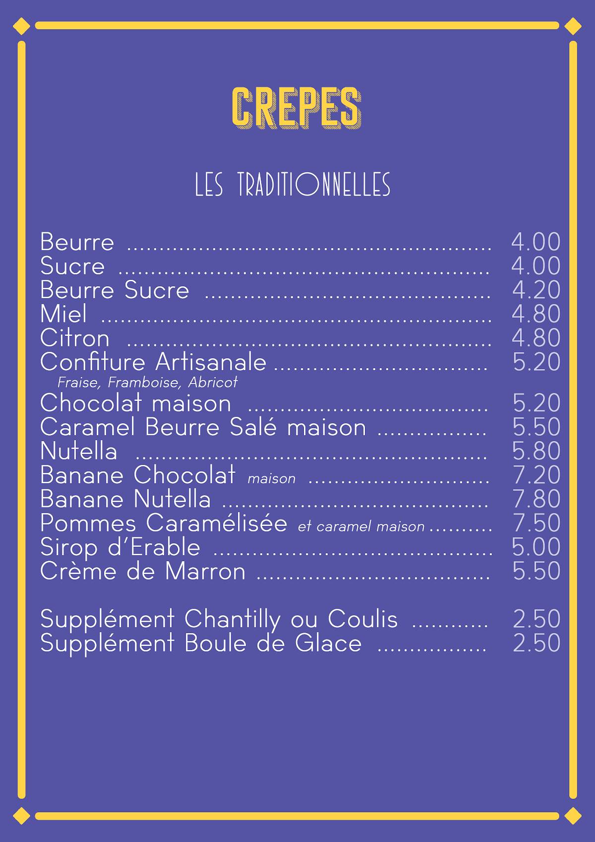 Menu au Crêperie Chez Désirée restaurant, Cancale