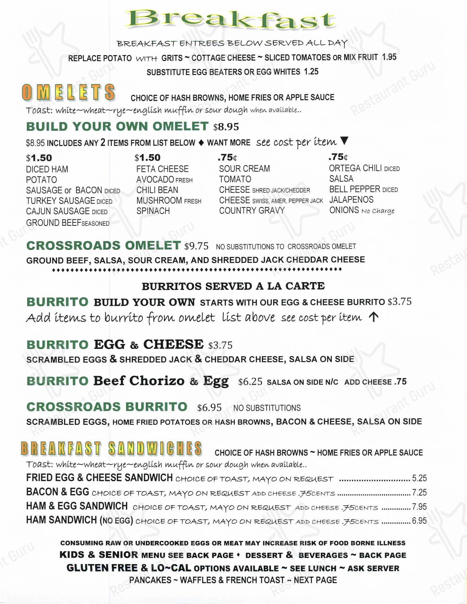 Menu at Crossroads cafe, Parker