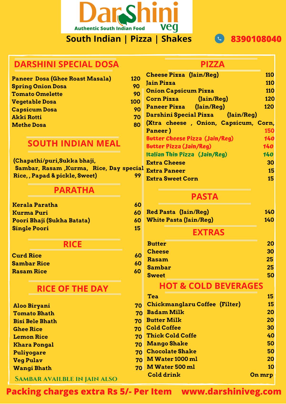 Menu at Darshini veg, Pune