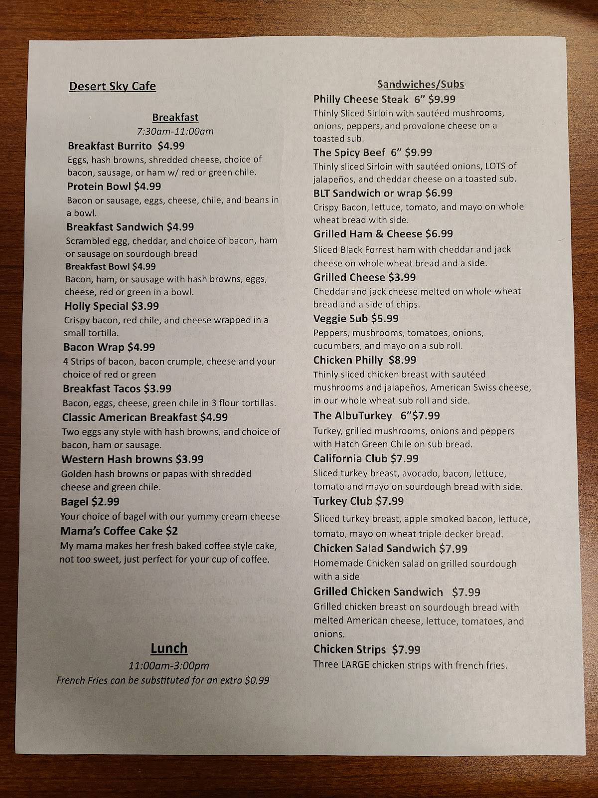 Menu at Desert Sky Café restaurant, Albuquerque, 1 Civic Plz