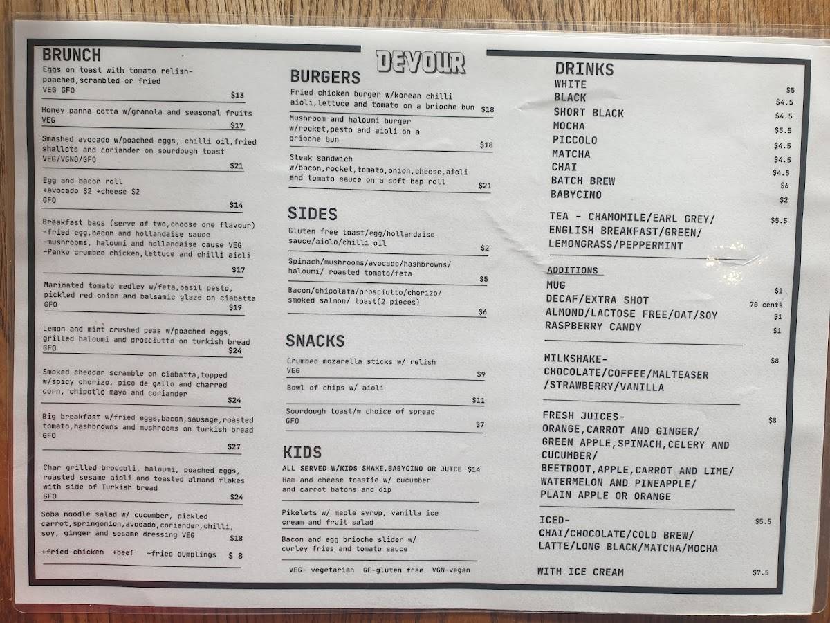 Menu at Devour Cafe Patisserie, Adelaide, 52 Davenport Terrace