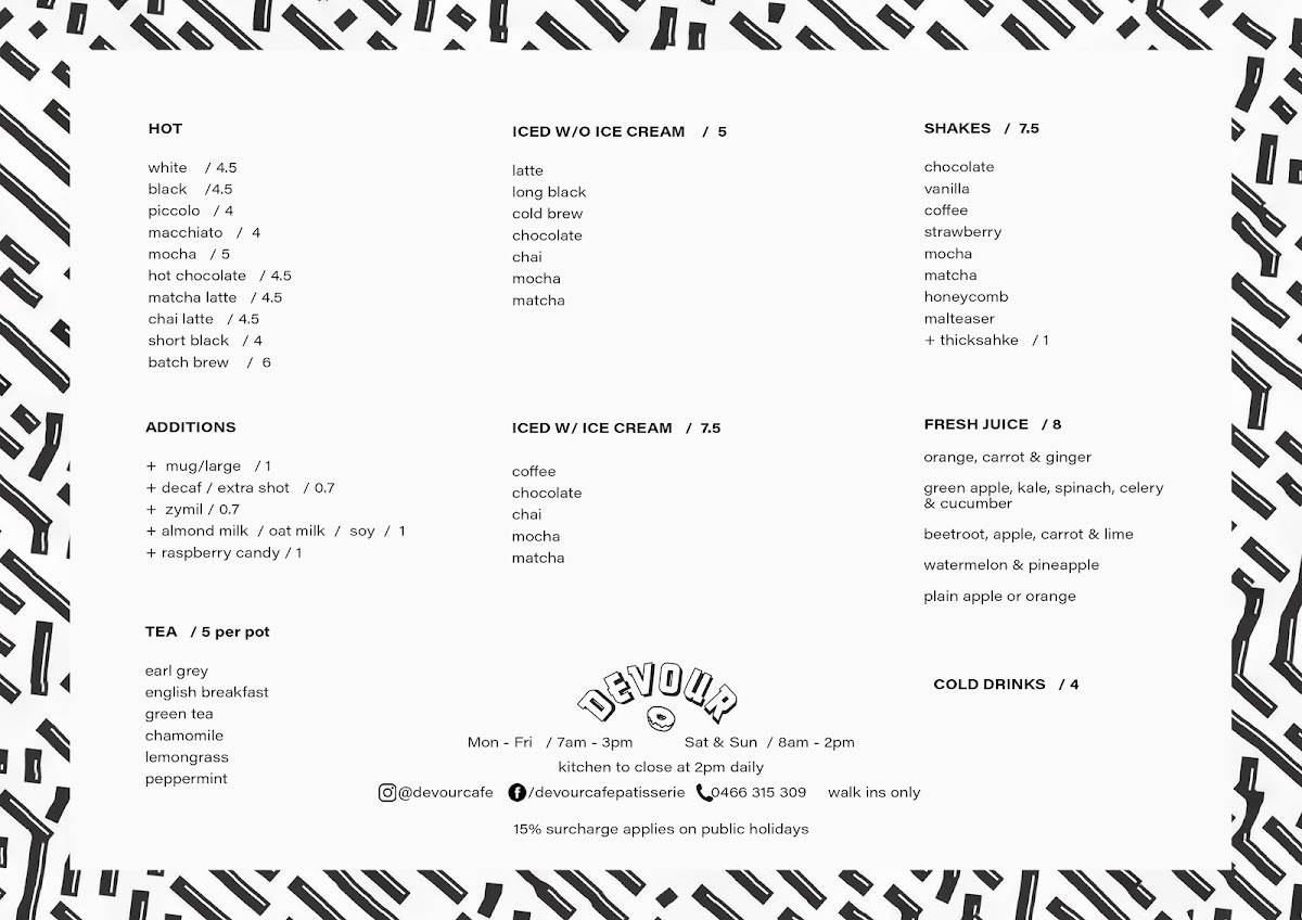 Menu at Devour Cafe Patisserie, Adelaide, 52 Davenport Terrace