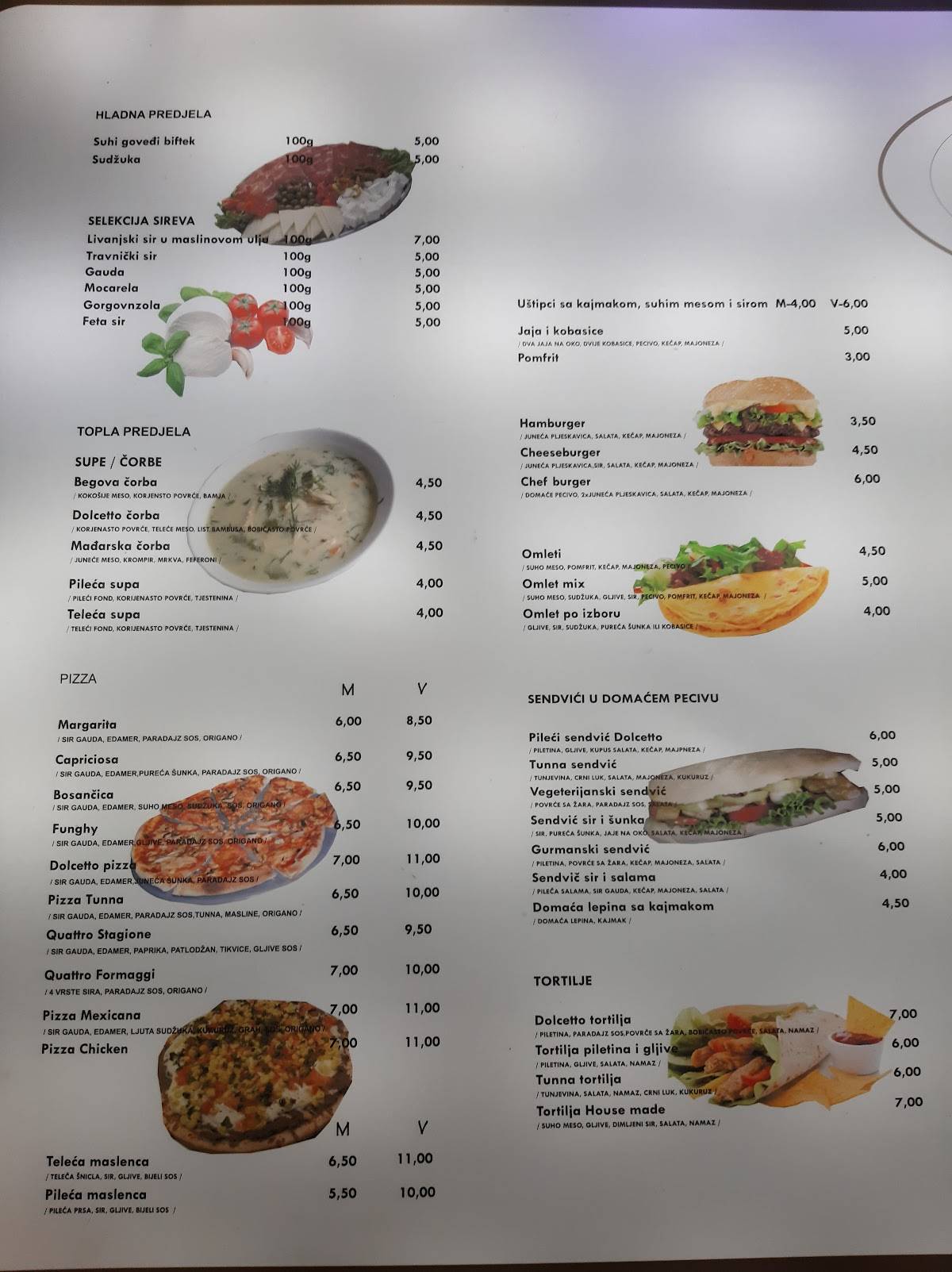 Menu at Dolcetto restaurant, Vogošća