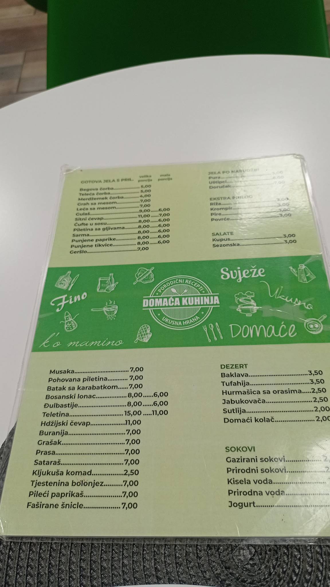 Menu at Domaća Kuhinja restaurant, Sarajevo