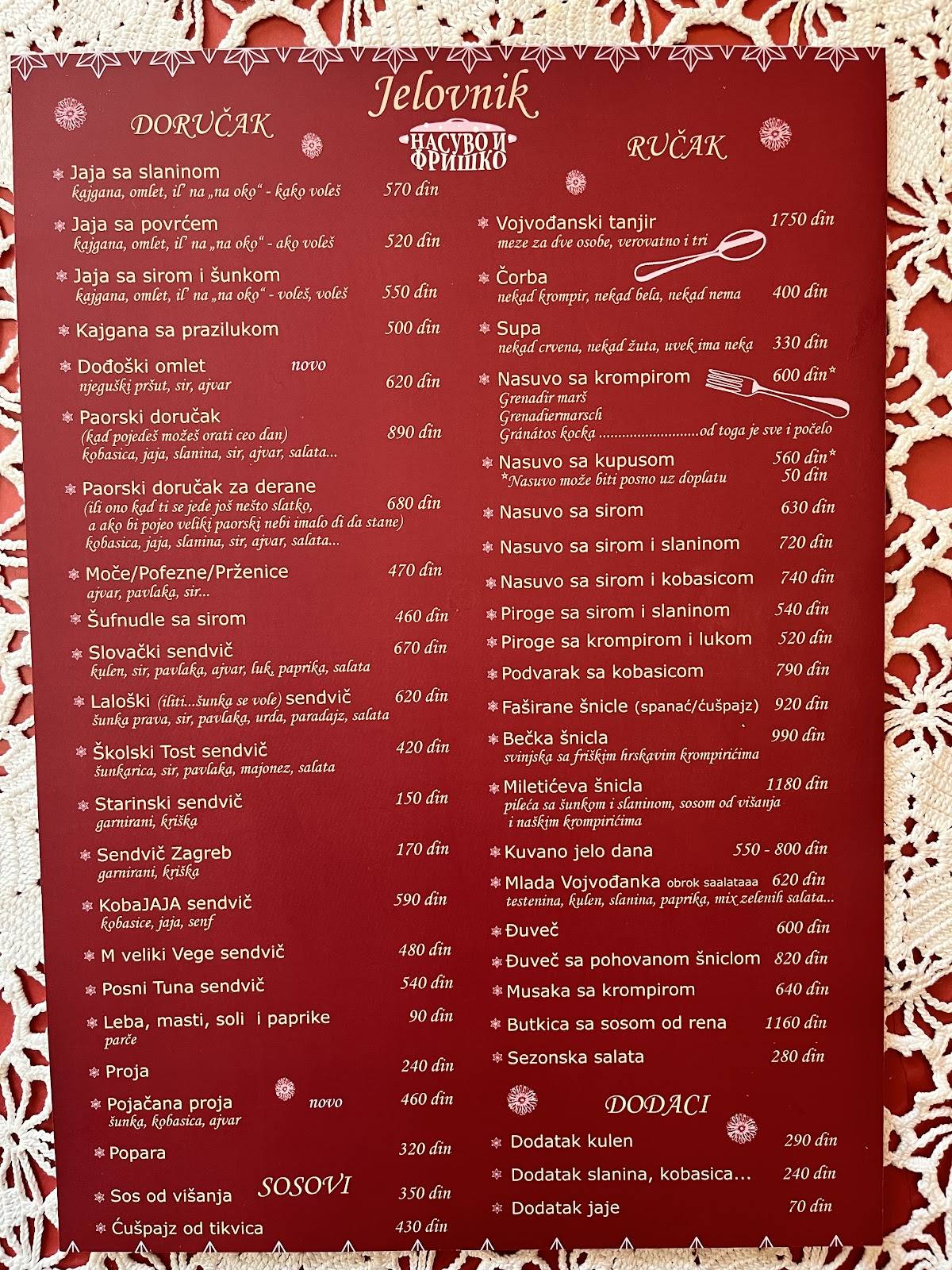 Menu at Domestic and fresh restaurant, Novi Sad