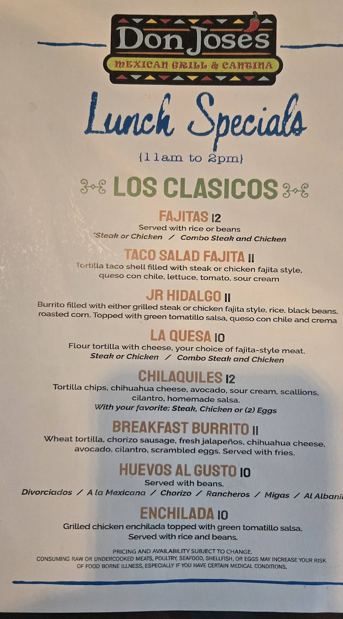 Menu at Don Jose's Mexican Grill & Cantina restaurant, Elkhart