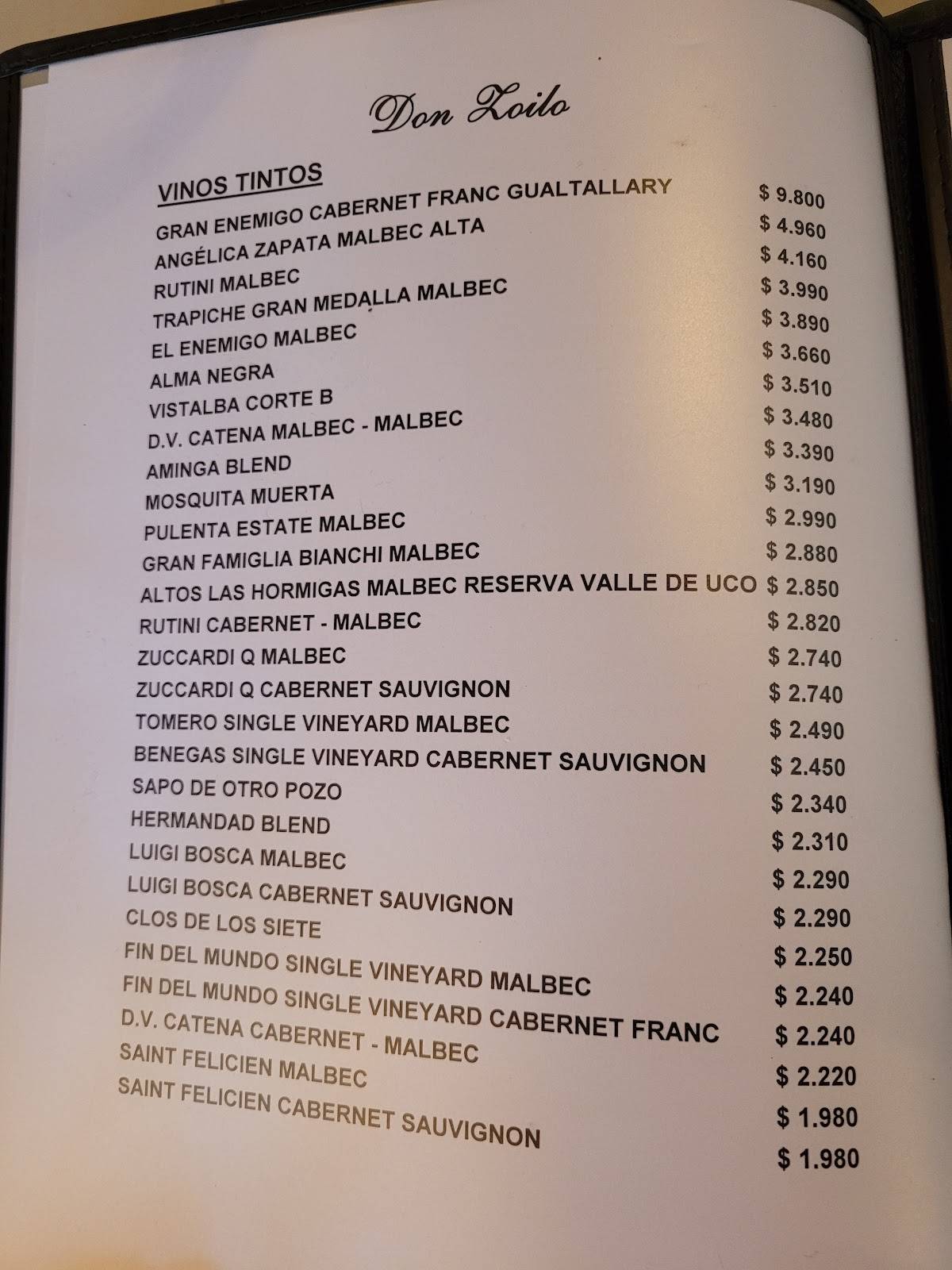 Carta del restaurante Don Zoilo, Buenos Aires