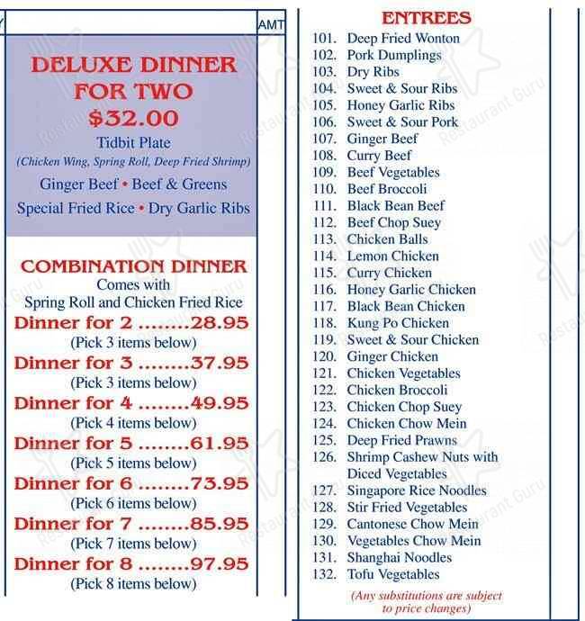 Menu at Dragon Buffet restaurant, Edmonton