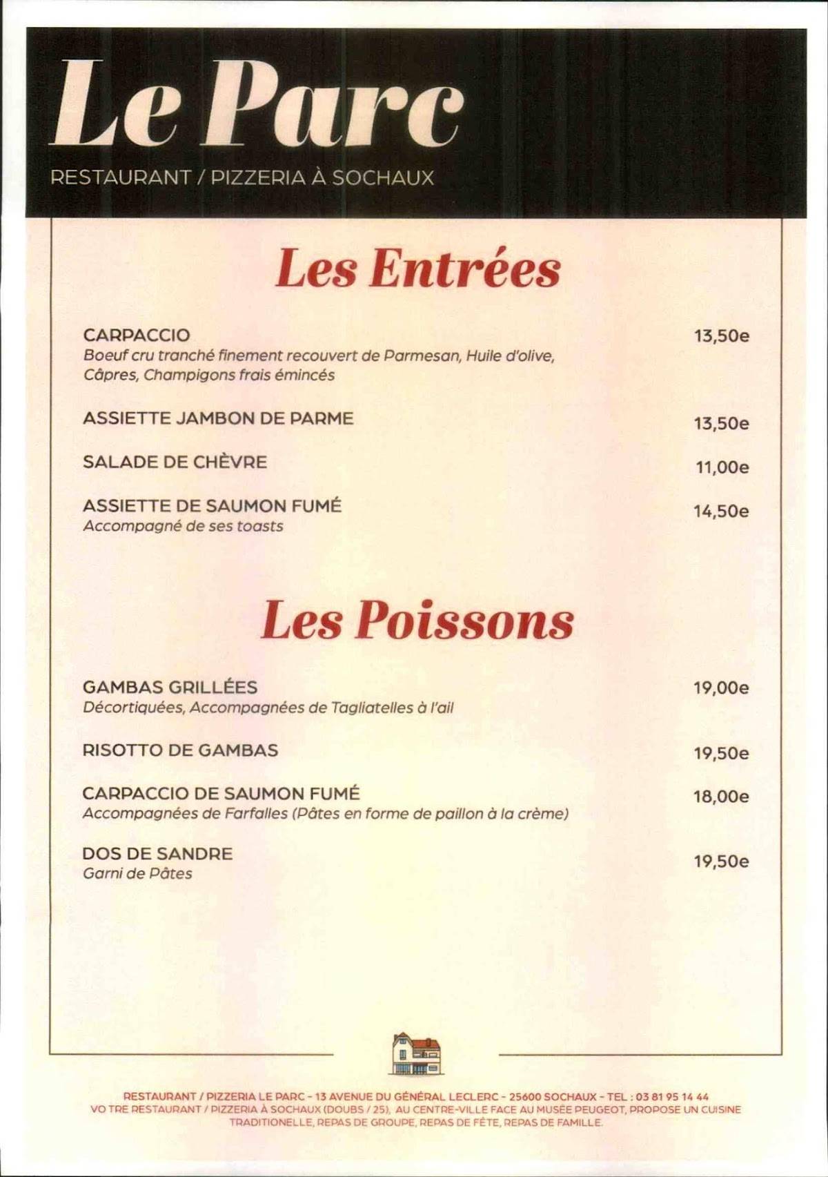 Menu au Restaurant Le Parc, Sochaux, 2 Rue d'Epinal