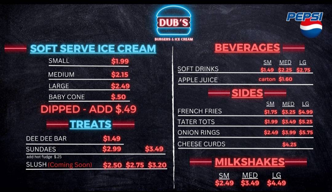 Menu at Dub's Drive-In restaurant, Sandpoint