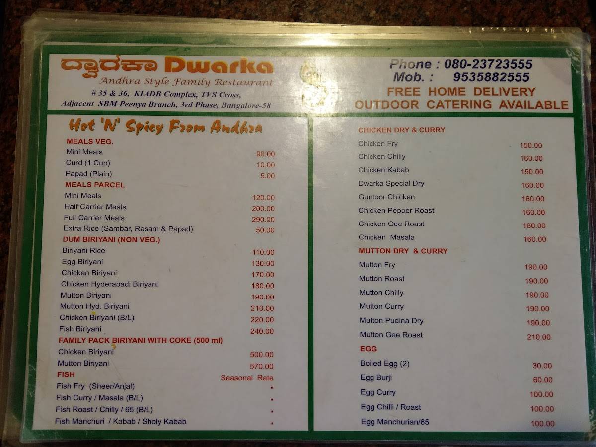 Menu at Dwarka Restaurant, Bengaluru, 21