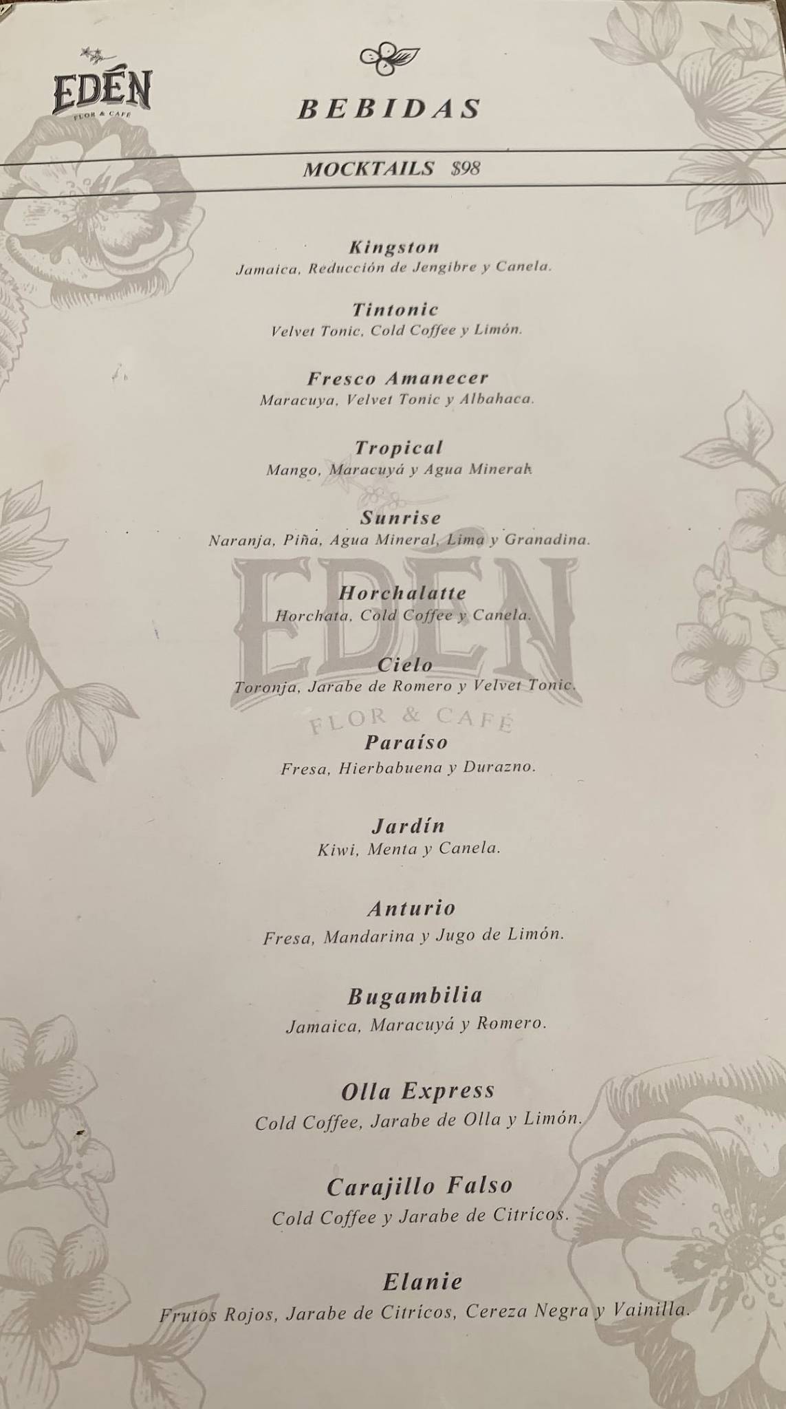 Carta de EDÉN FLOR Y CAFÉ, Monterrey