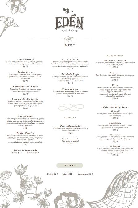 Carta de EDÉN FLOR Y CAFÉ, Monterrey
