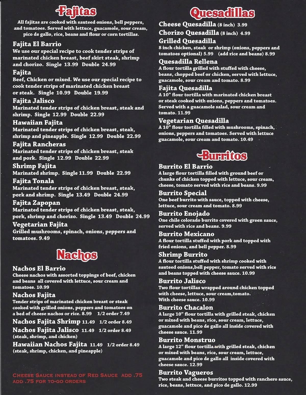 Menu at EL BARRIO MEXICAN RESTAURANT, Dover