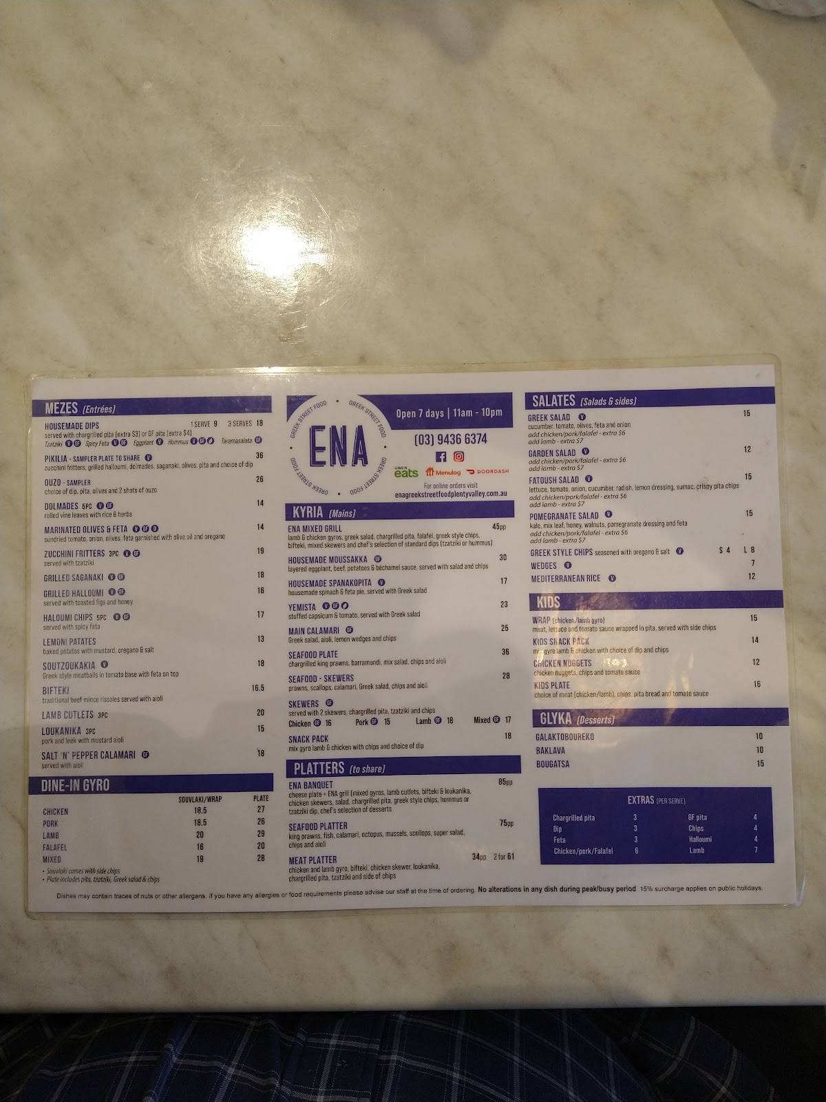 Menu at ENA Plenty valley restaurant, Mill Park