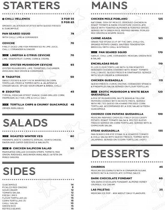 Menu at El Burro Greenpoint restaurant, Cape Town, 79 Main Rd