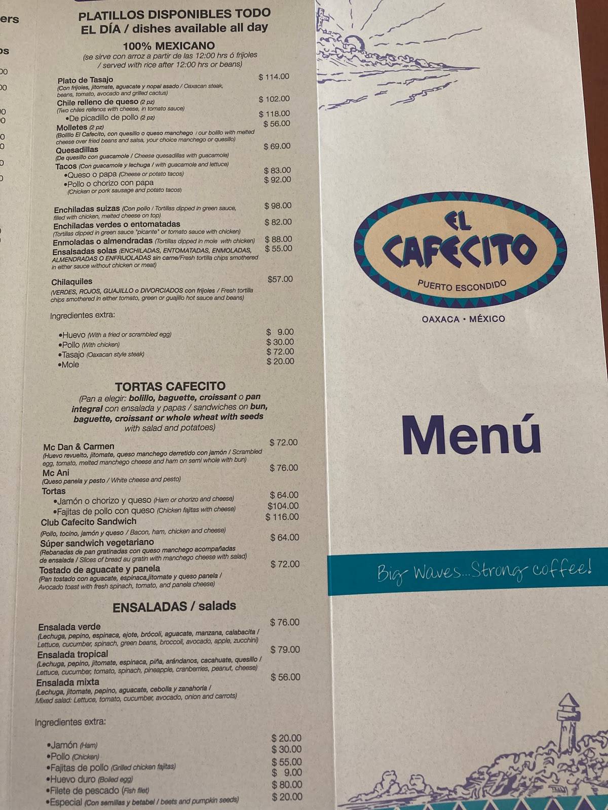 Carta de Restaurant El Cafecito, Puerto Escondido, Bvld. Benito Juarez