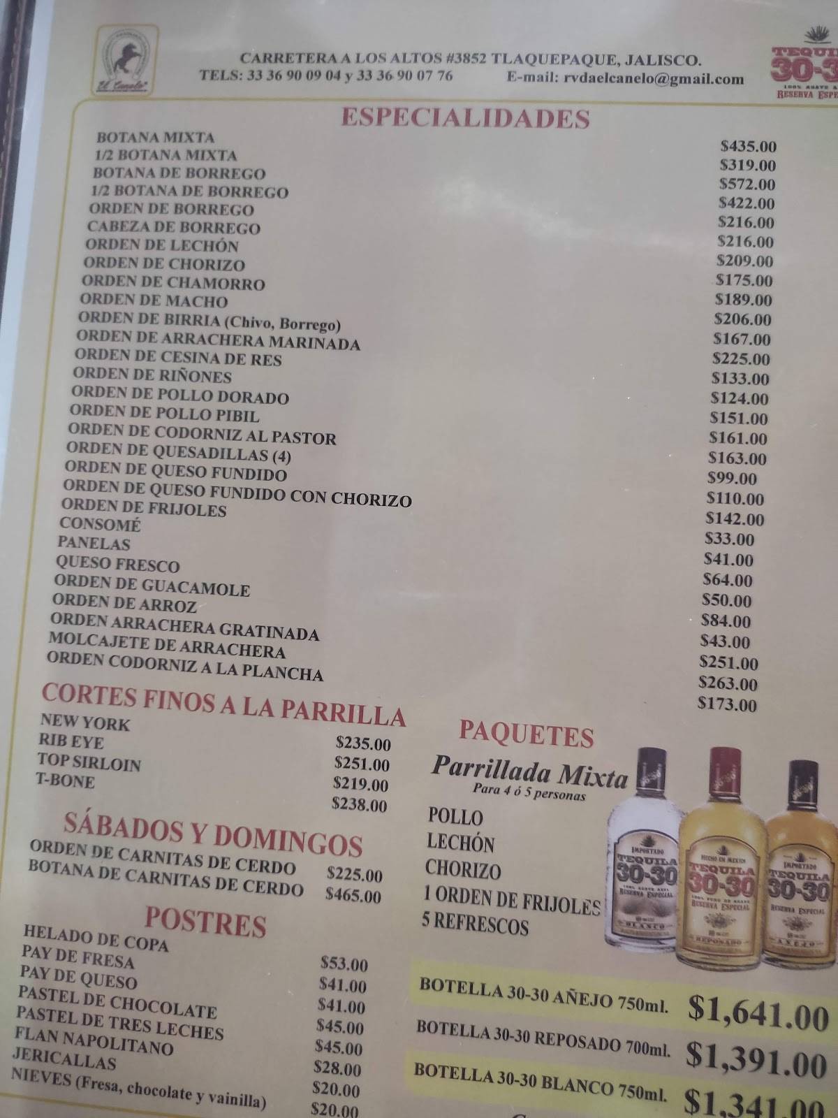 Carta del restaurante El Canelo, San Pedro Tlaquepaque, Carr. libre ...