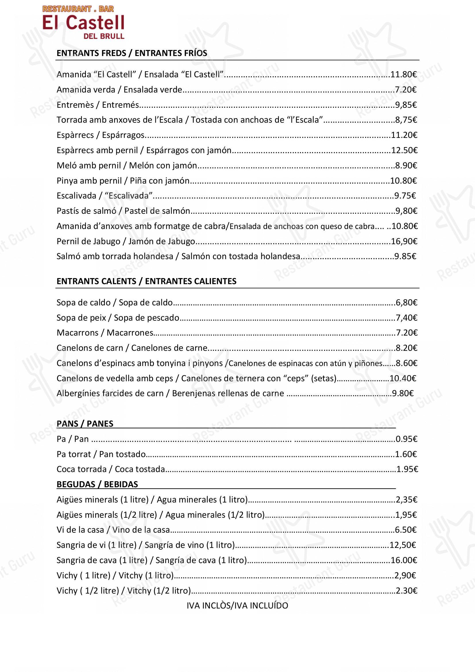 Carta de Restaurant El Castell del Brull, Brull