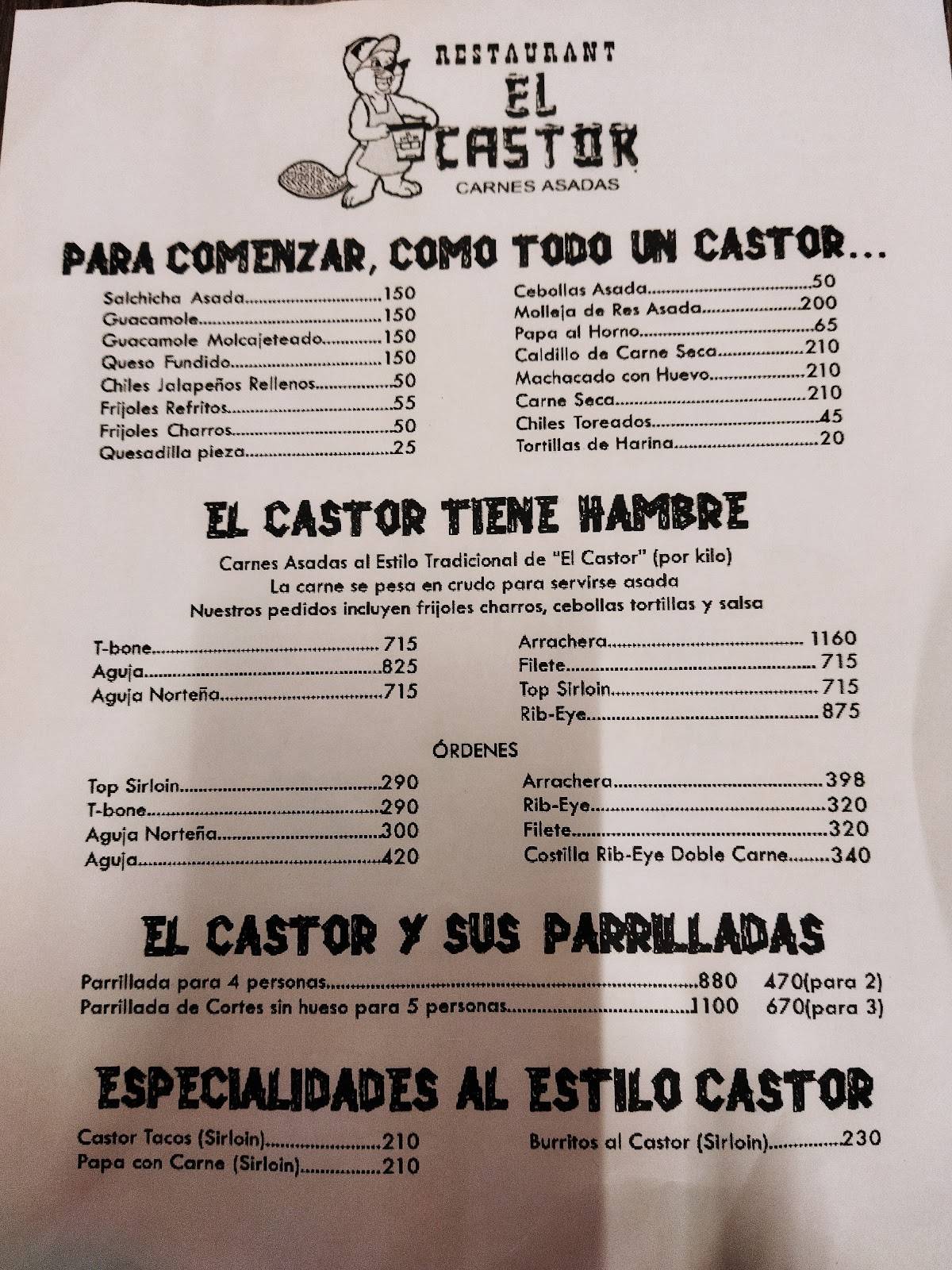 Carta del restaurante El Castor, Monterrey, Blvd. Rogelio Cantú Gomez #1000