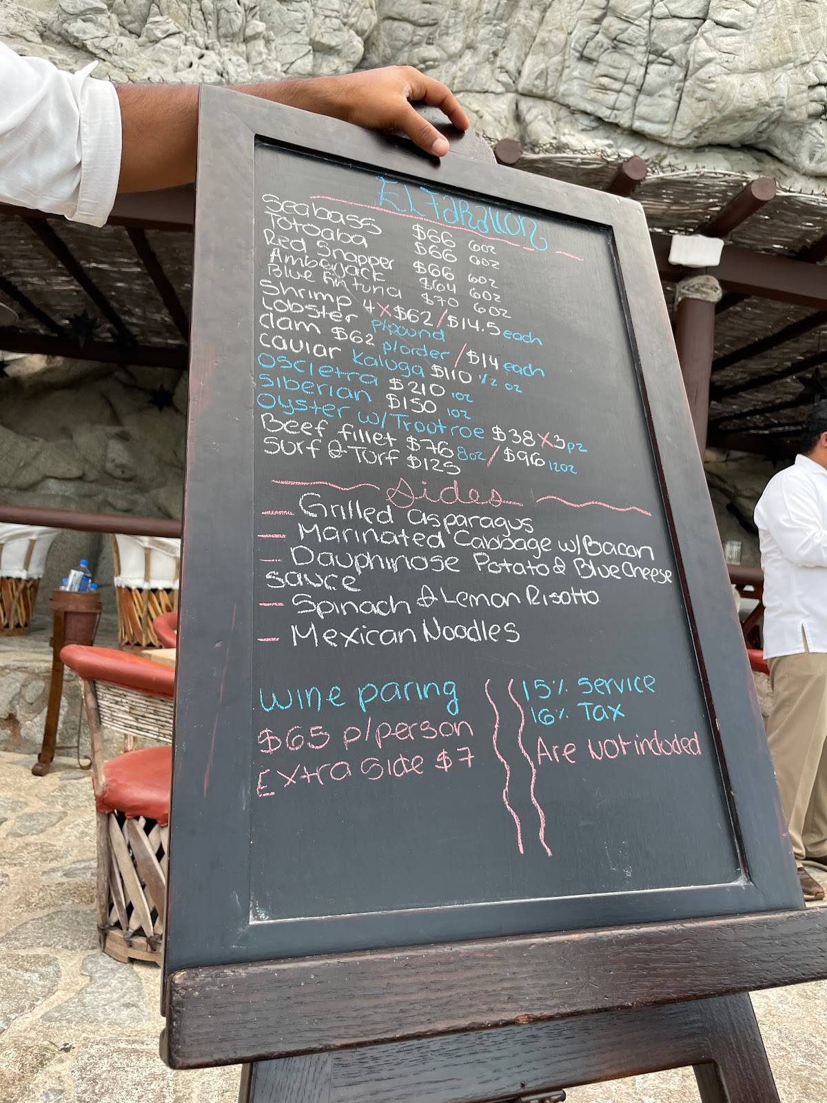 Menu at El Farallon restaurant, Cabo San Lucas, Cam. del Mar 1