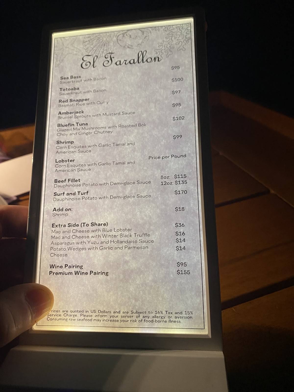 Menu at El Farallon restaurant, Cabo San Lucas, Cam. del Mar 1