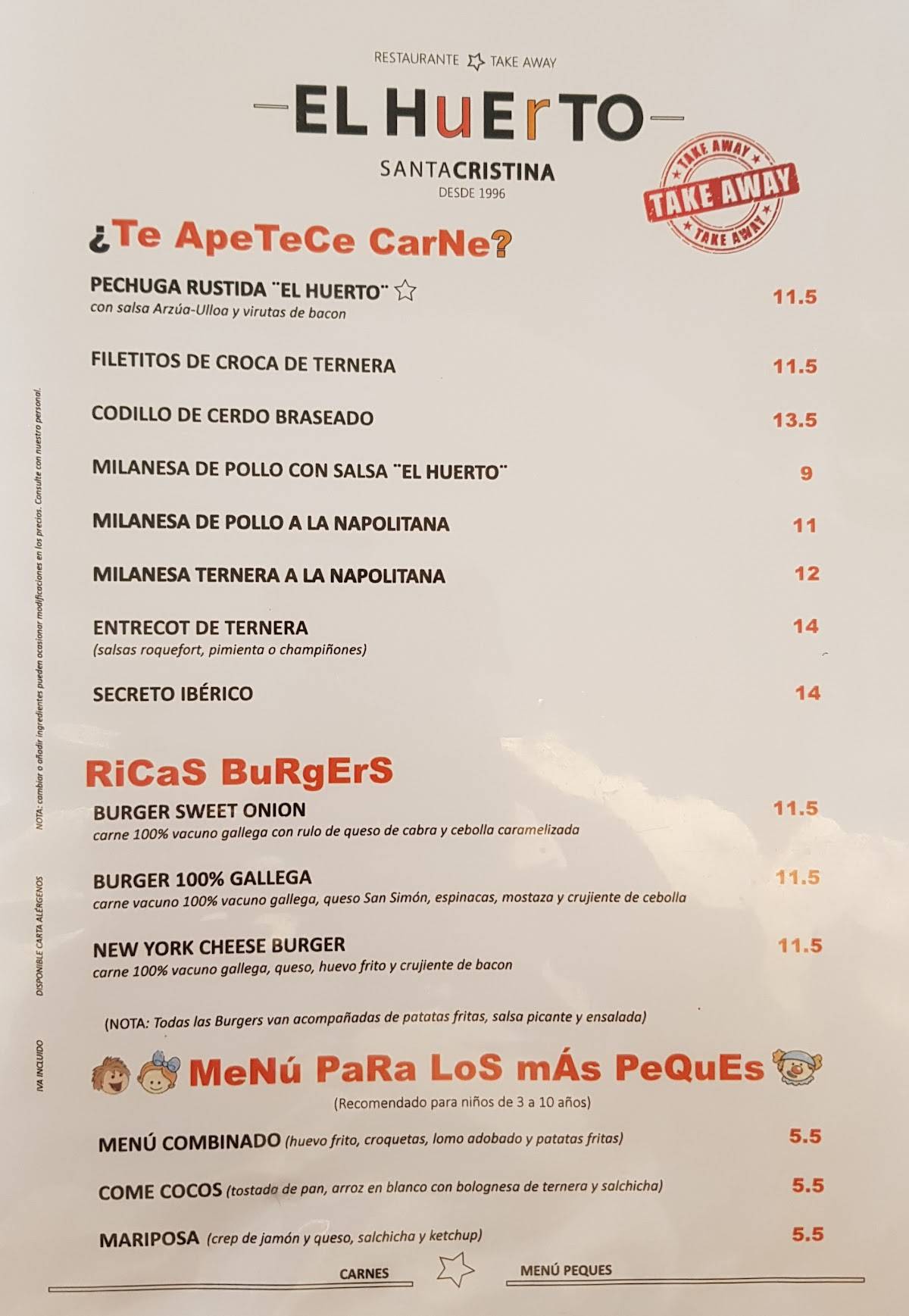 Carta del restaurante El Huerto, Perillo, BAJO;INST. RESTAURANTE HUER