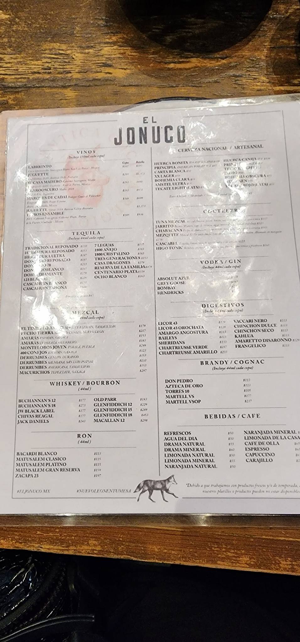 Carta del restaurante El Jonuco, Apodaca