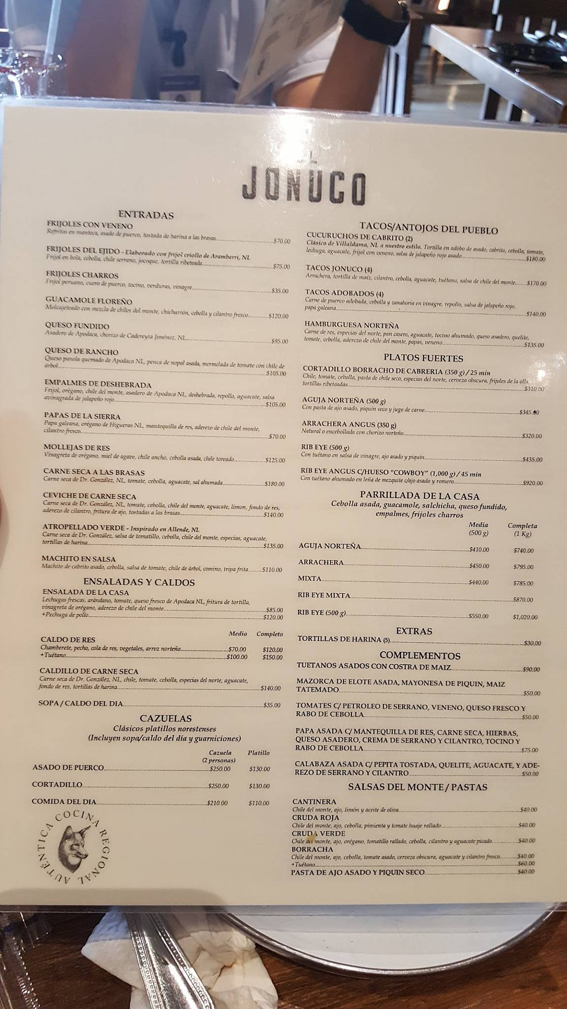 Carta del restaurante El Jonuco, Apodaca
