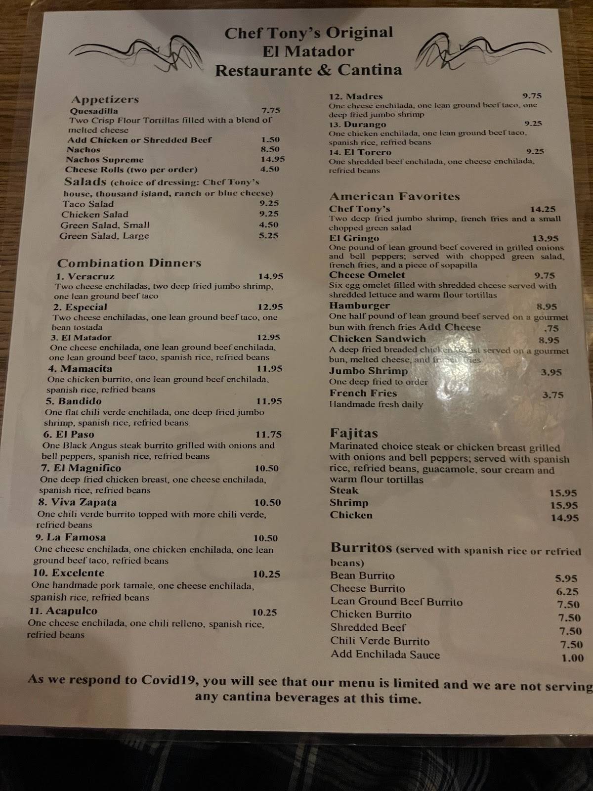 Menu at El Matador restaurant, Ogden, Ogden Ave