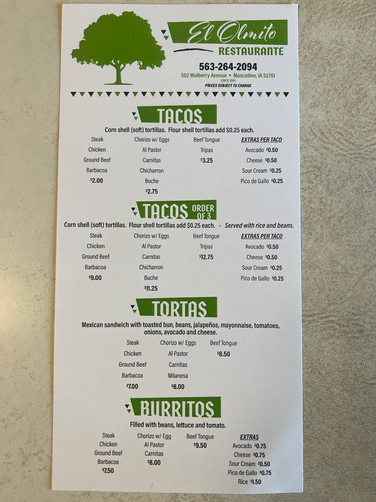Menu at El Olmito Mexican Grocery restaurant, Muscatine