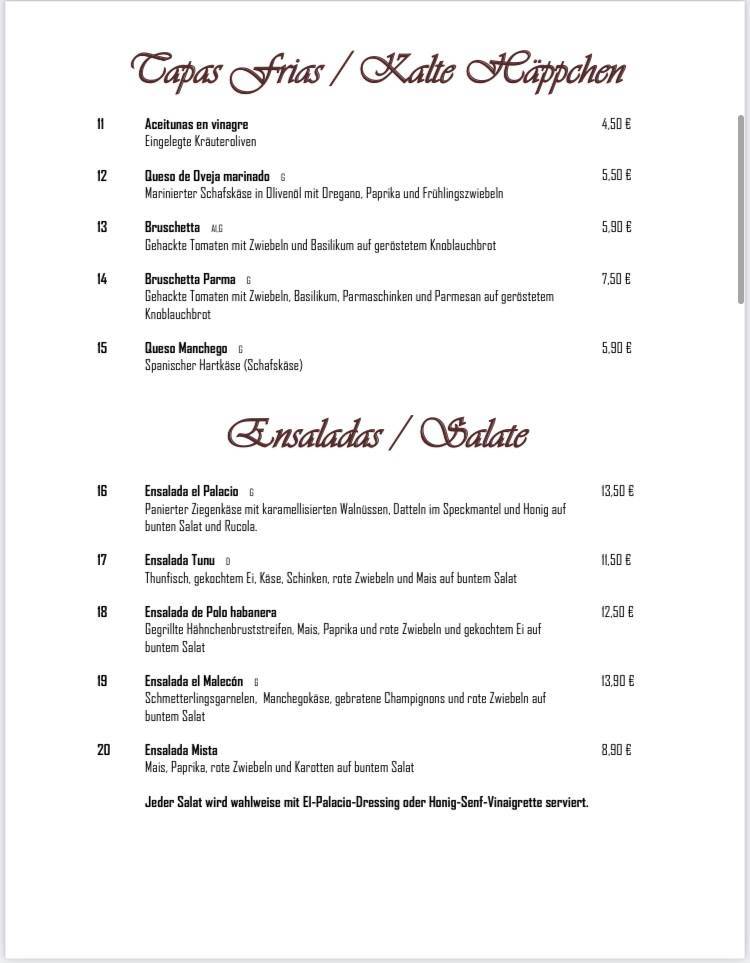 Speisekarte von El Palacio restaurant, Wissen