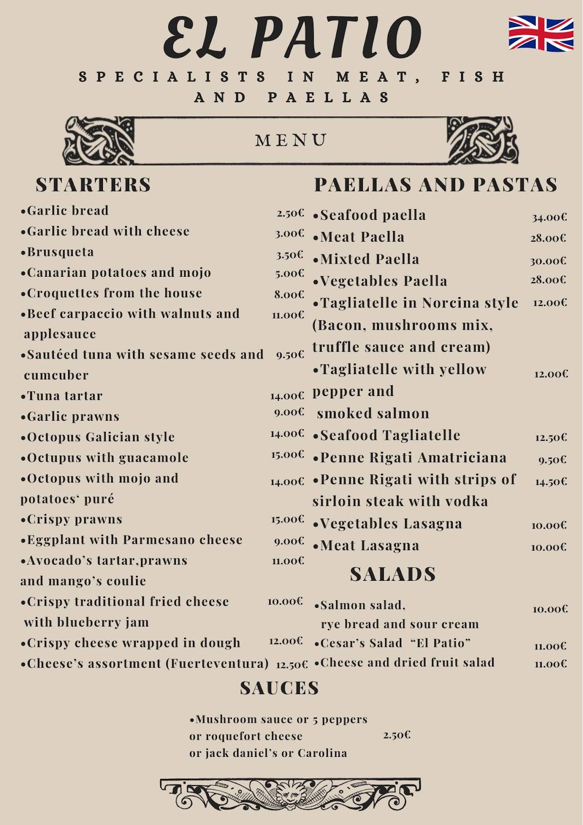 Menu at Restaurant El Patio, Castillo Caleta de Fuste