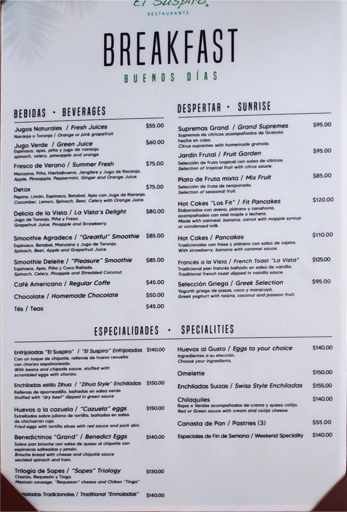 Menu at El Suspiro restaurant, Zihuatanejo