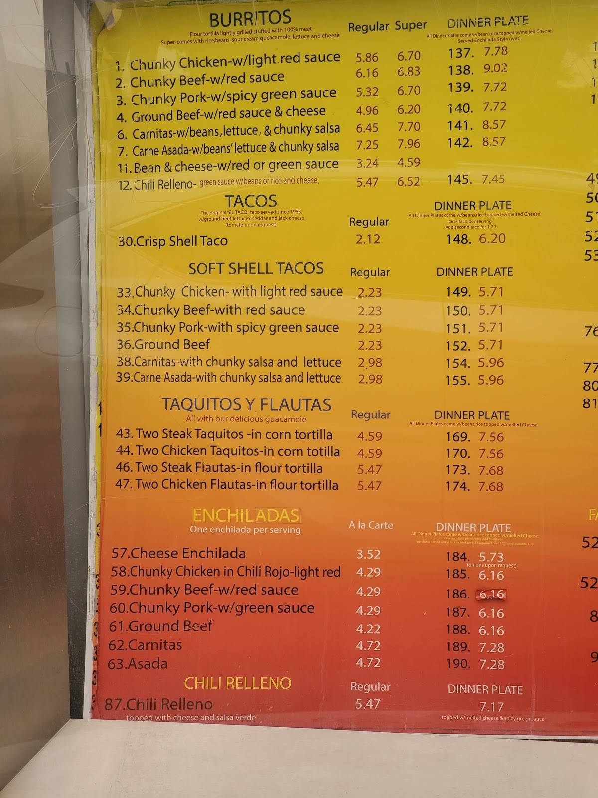 Menu at El Taco restaurant, Downey, Florence Ave
