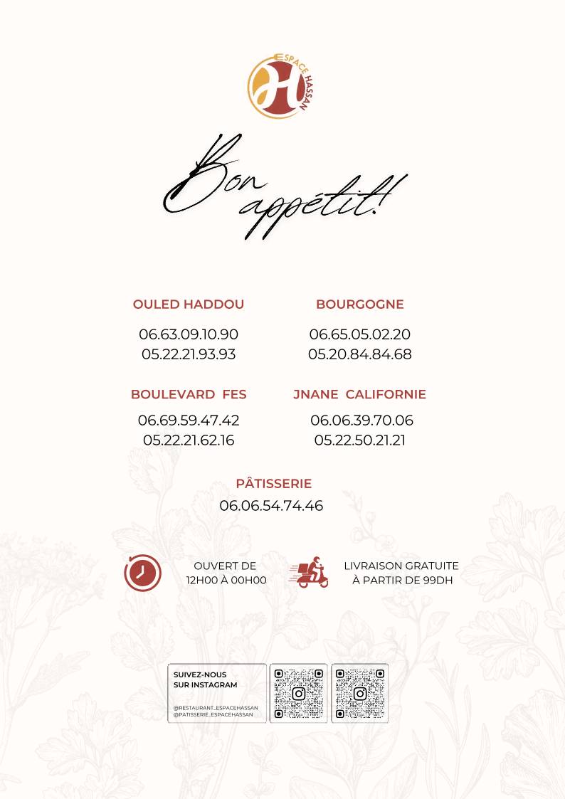 Menu au Restaurant Espace Hassan Jnane Californie Casablanca ...