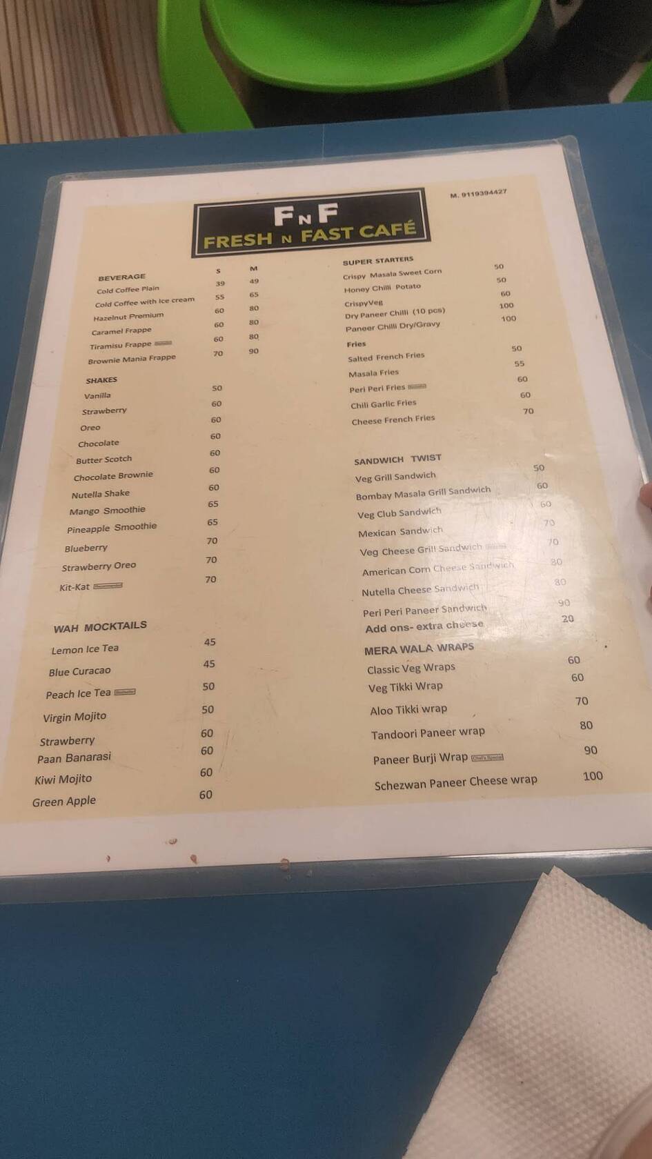 Menu at FNF Cafe, Jaipur