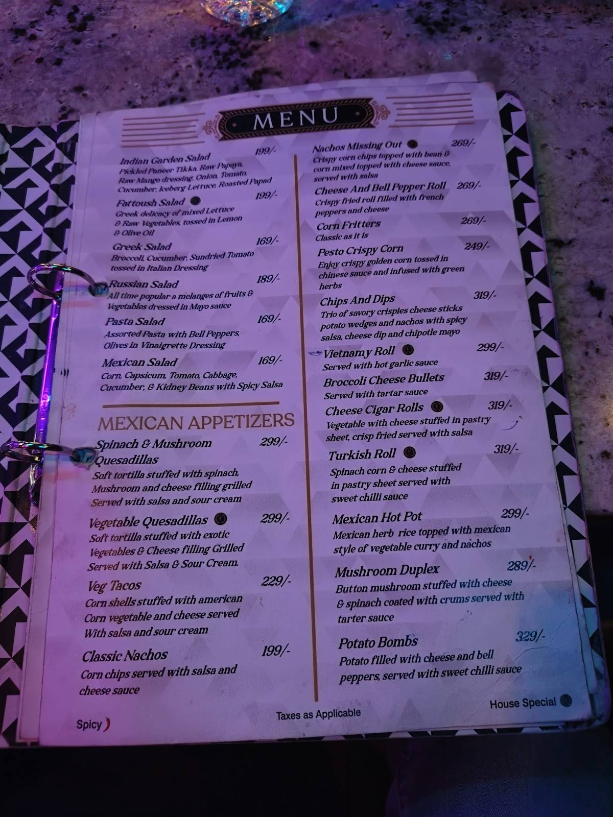 Menu at FOMO, Jodhpur