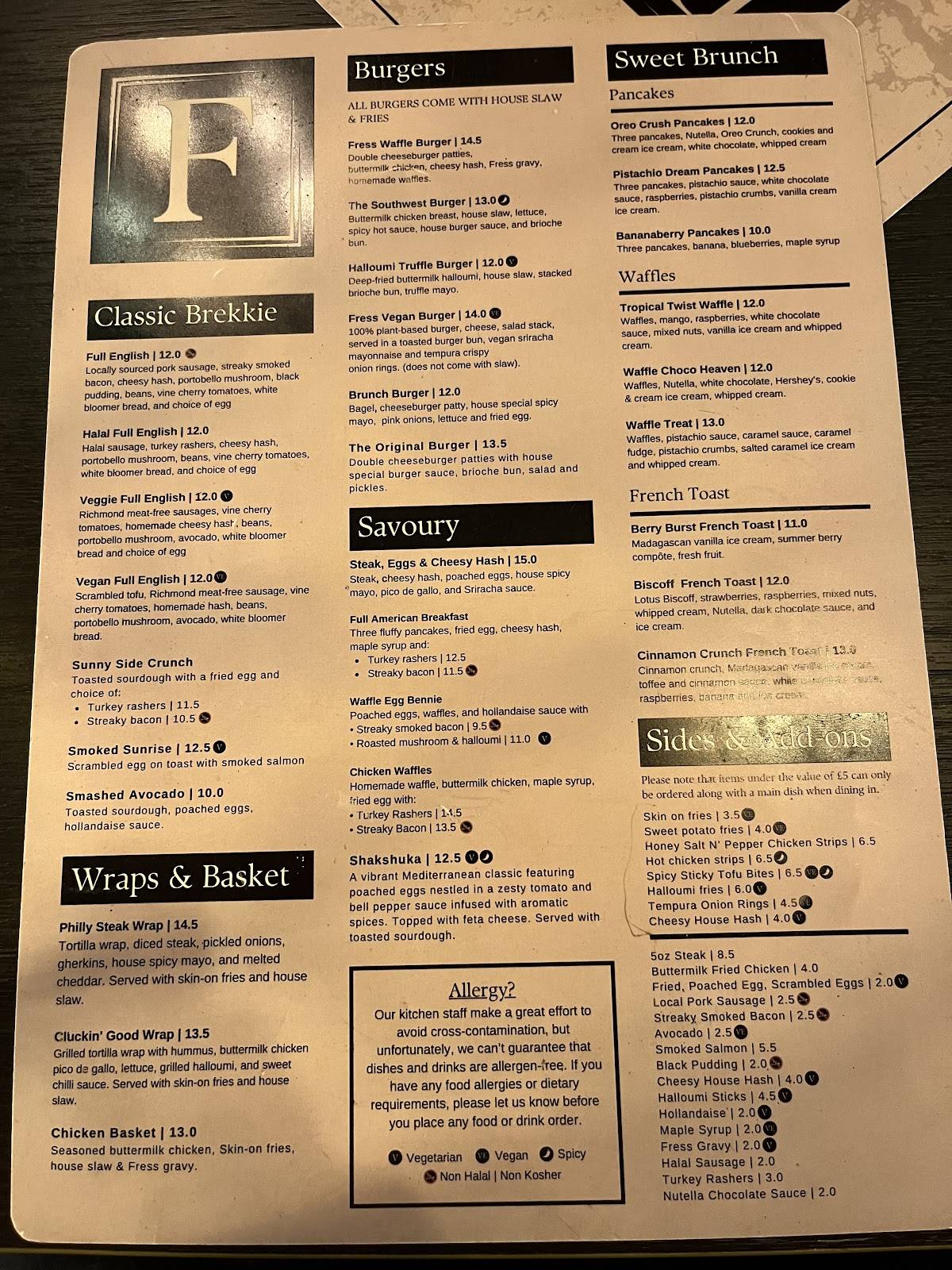 Menu at FRESS RESTAURANT & BAR, Manchester, 62 oldham street