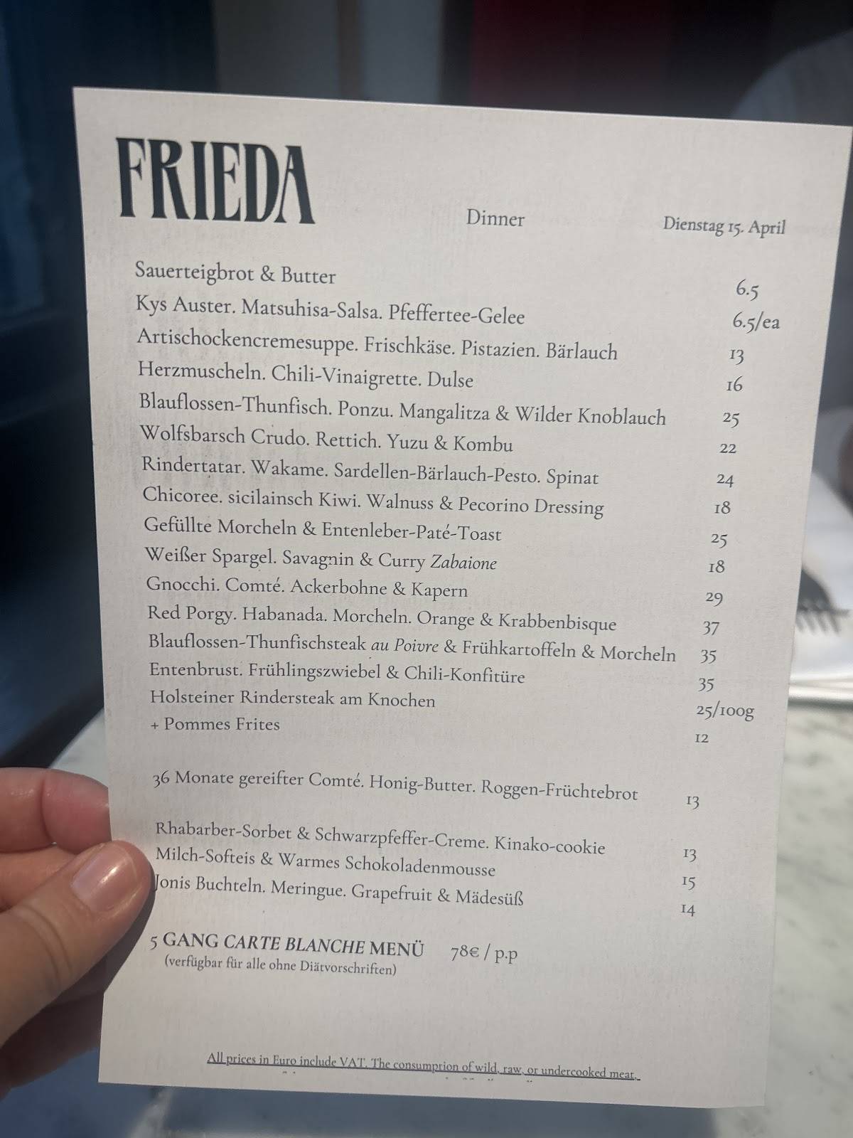 Menu at FRIEDA restaurant, Berlin, Lychener Str. 37