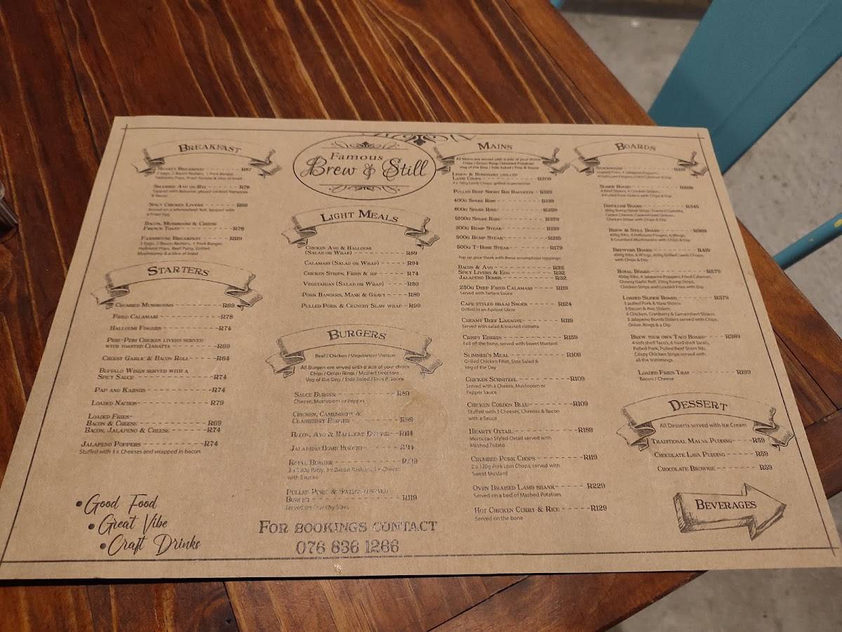 Menu at Famous Brew & Still restaurant, Bloemfontein