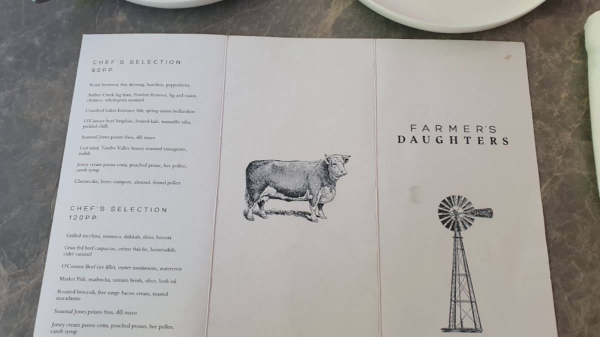 Menu at Farmer's Daughters restaurant, Melbourne