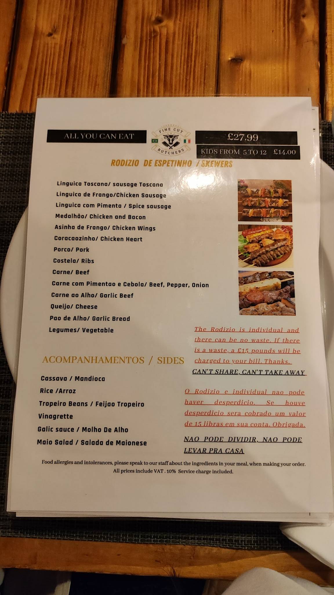 Menu at Fine Cut Butchers restaurant, London