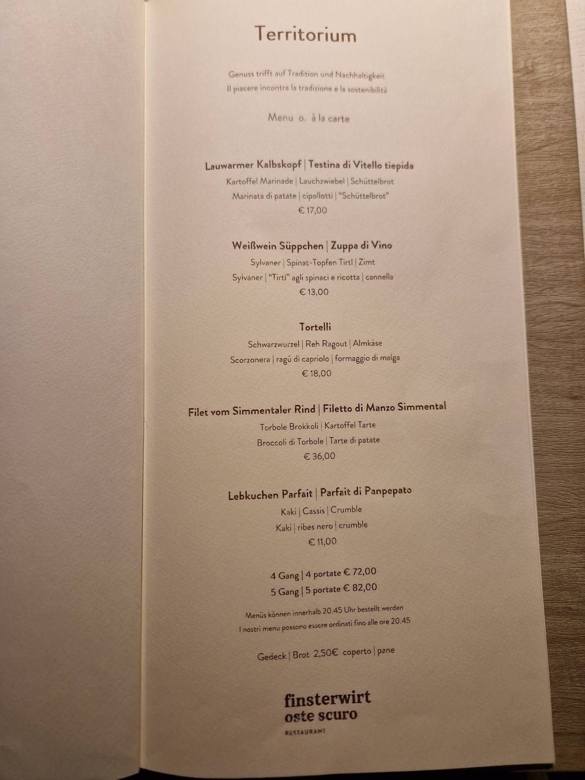 Menu da Ristorante Oste Scuro - Finsterwirt, Bressanone