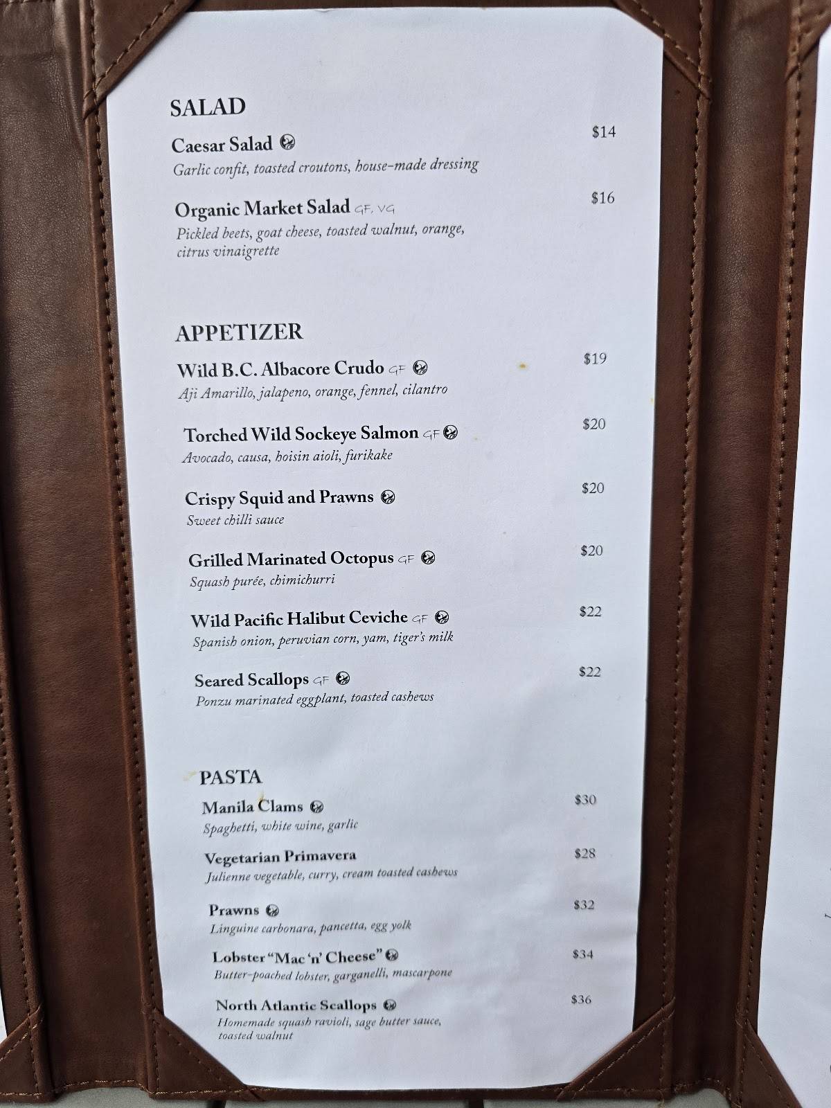 Menu at Fishworks restaurant, North Vancouver