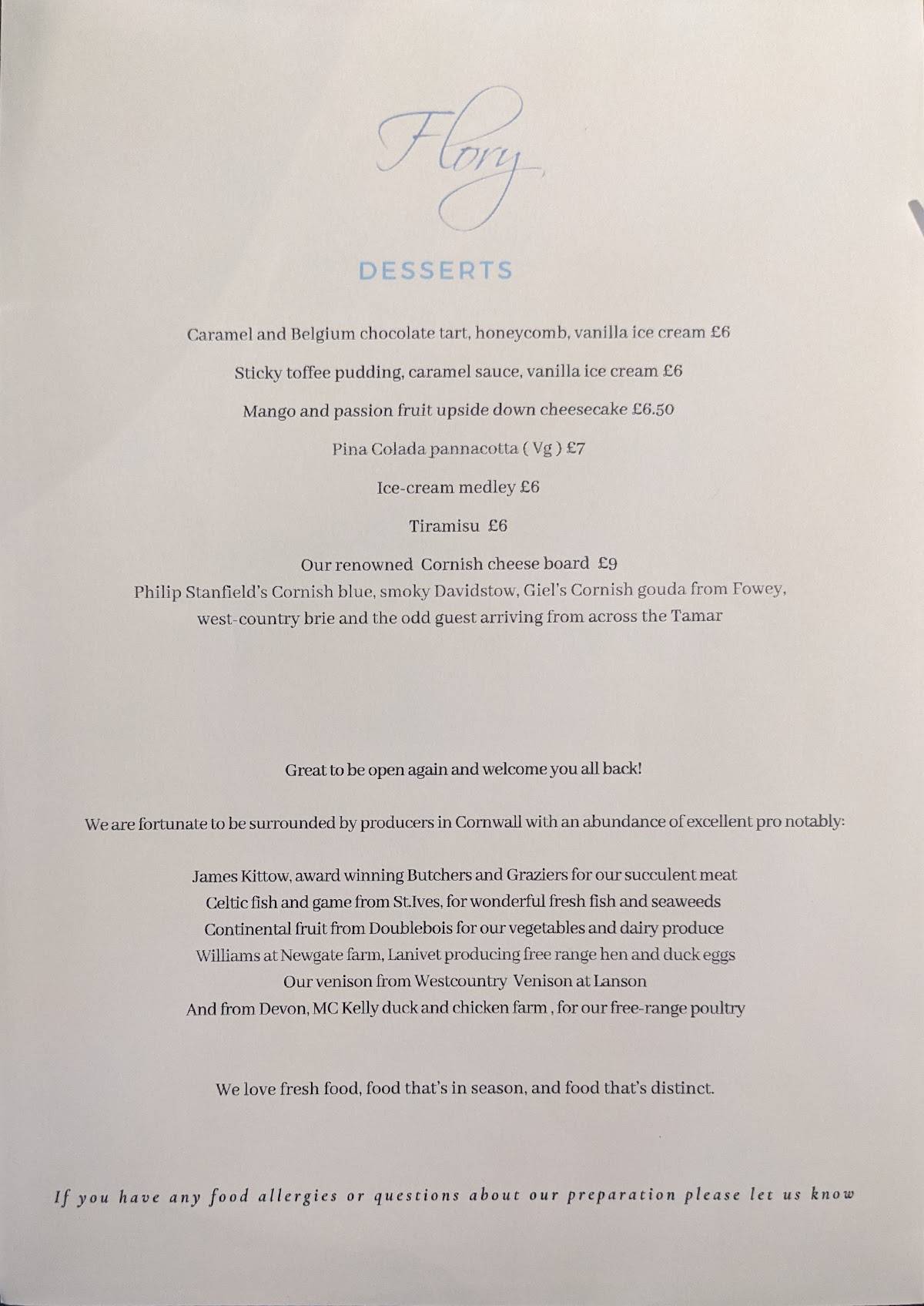 Menu at Flory Restaurant and Café, Bodmin, Bodmin