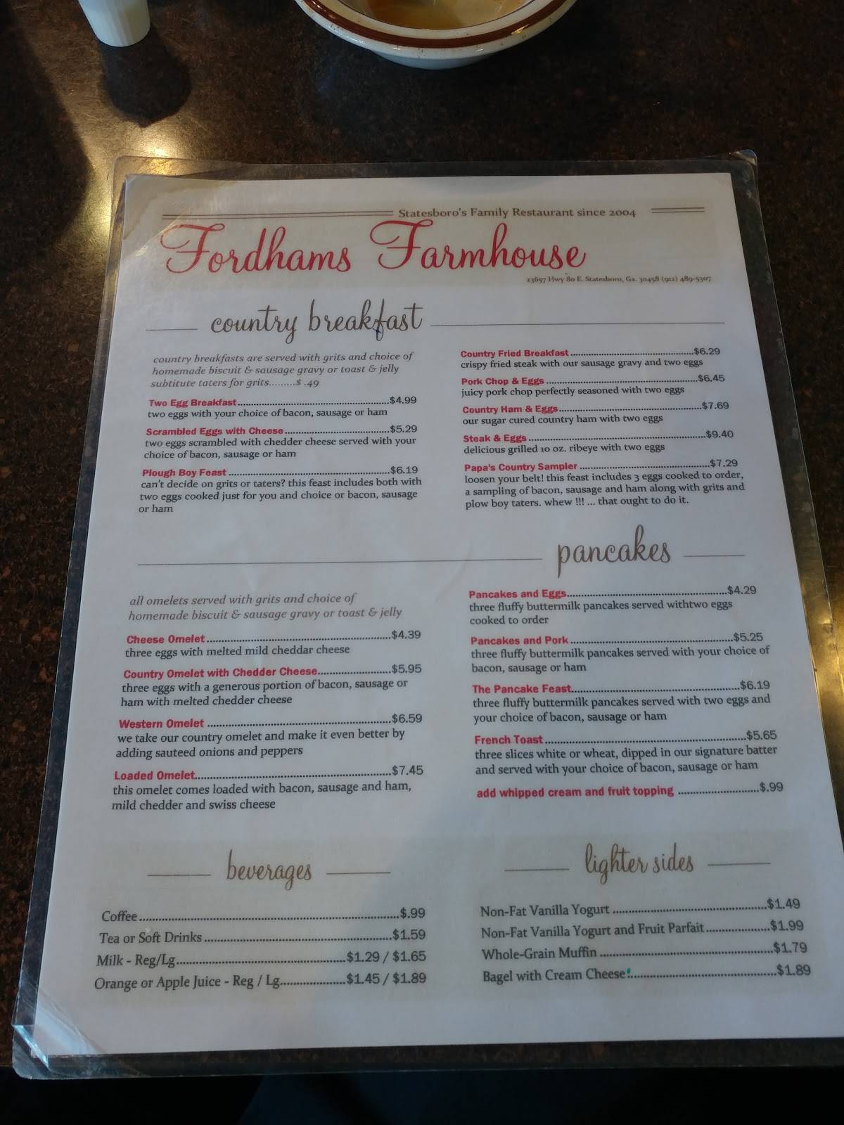 Menu at Fordham's Farmhouse Restaurant, Statesboro